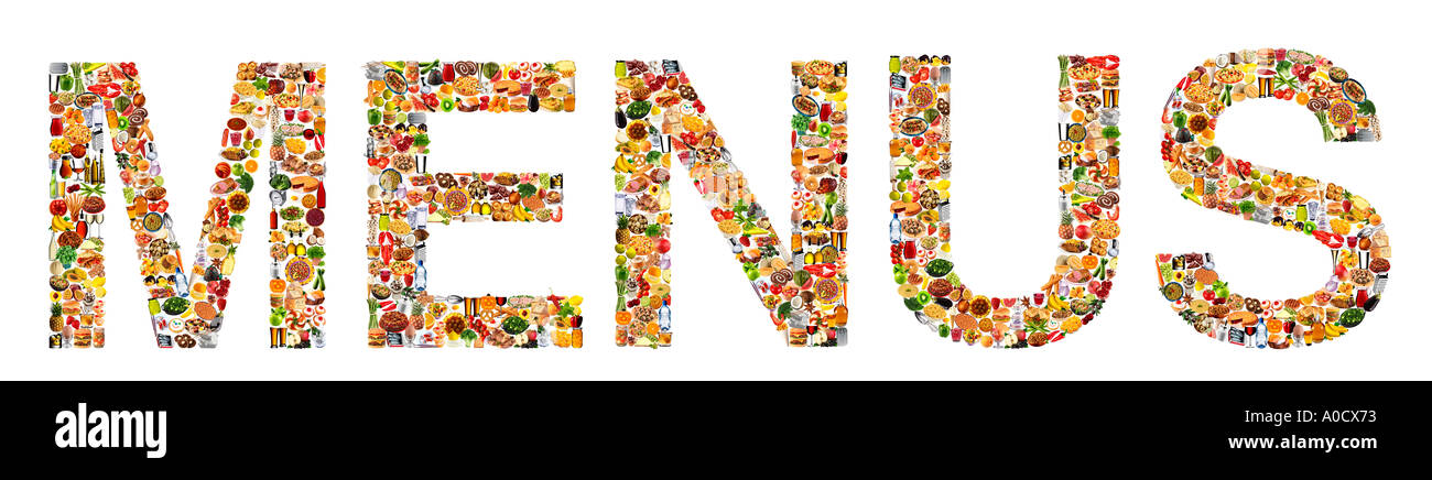 FOODFONT LETTER ON WHITE MENUS Stock Photo - Alamy