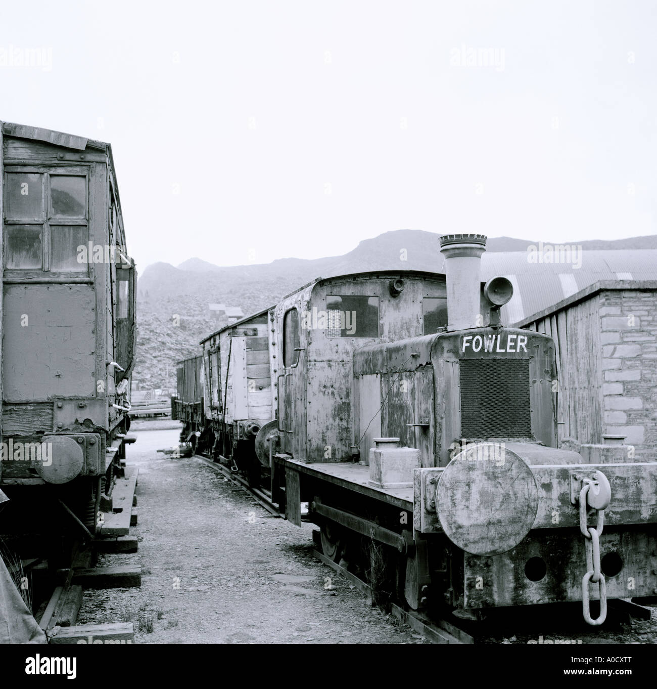 Steam engine train at a slate mine in South Wales in Great Britain in ...