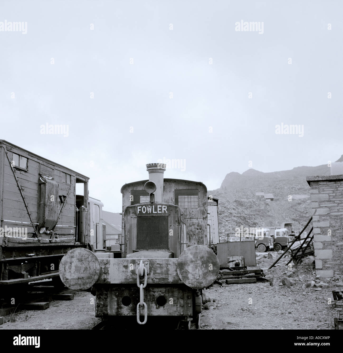 Steam engine train at a slate mine in South Wales in Great Britain in ...
