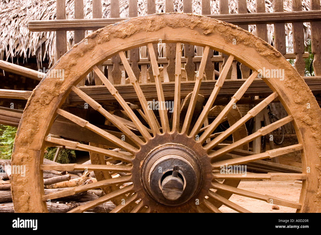 Stock photograph of a wooden wagon wheel made from teak in Myanmar 2006 ...