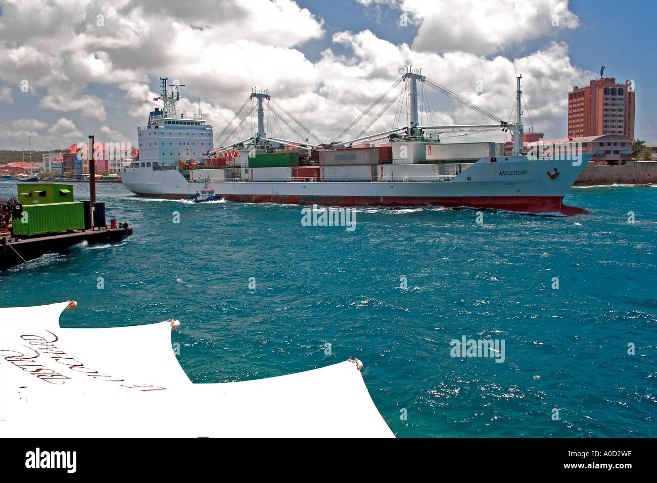 Container ship sailing out of the St Ana Bay in Curacao Netherlands ...
