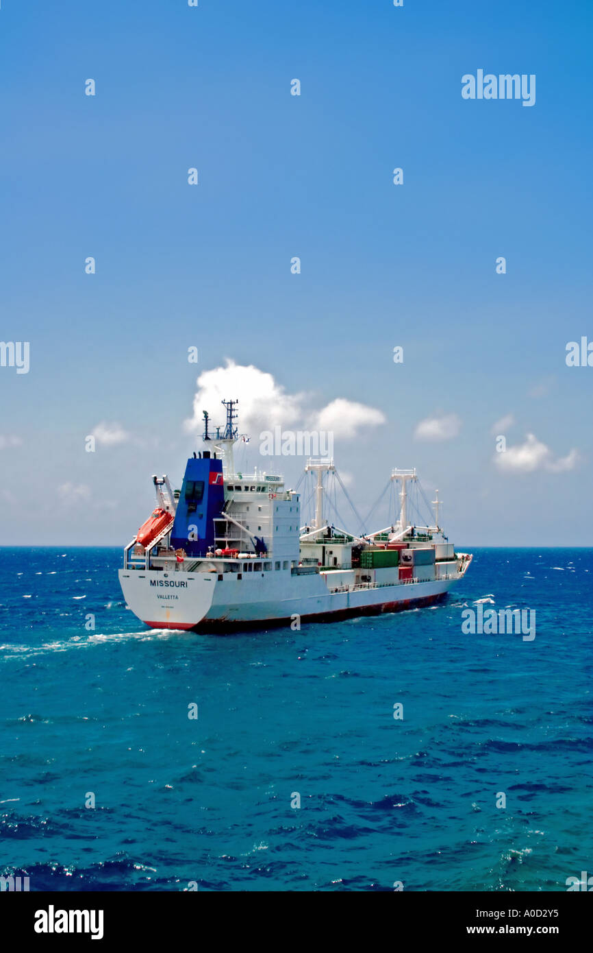 Container ship setting sail out of the St Ana Bay in Curacao ...