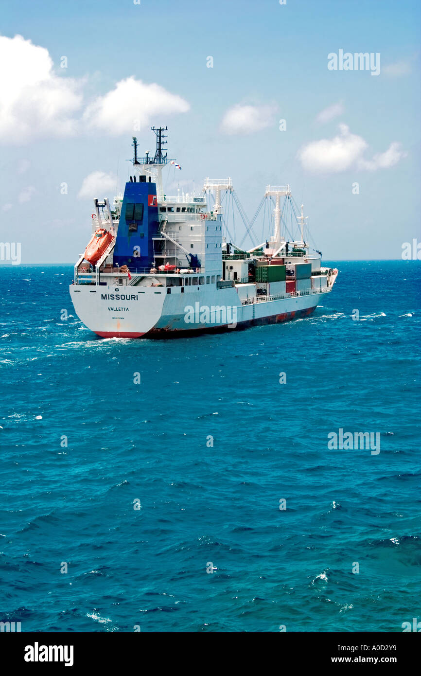Container ship setting sail out of the St Ana Bay in Curacao ...