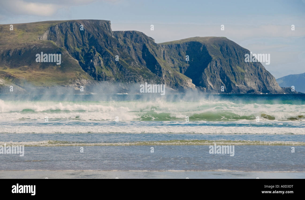 Ireland County Mayo Achill Island Keel Beach surf view toward Dooega ...