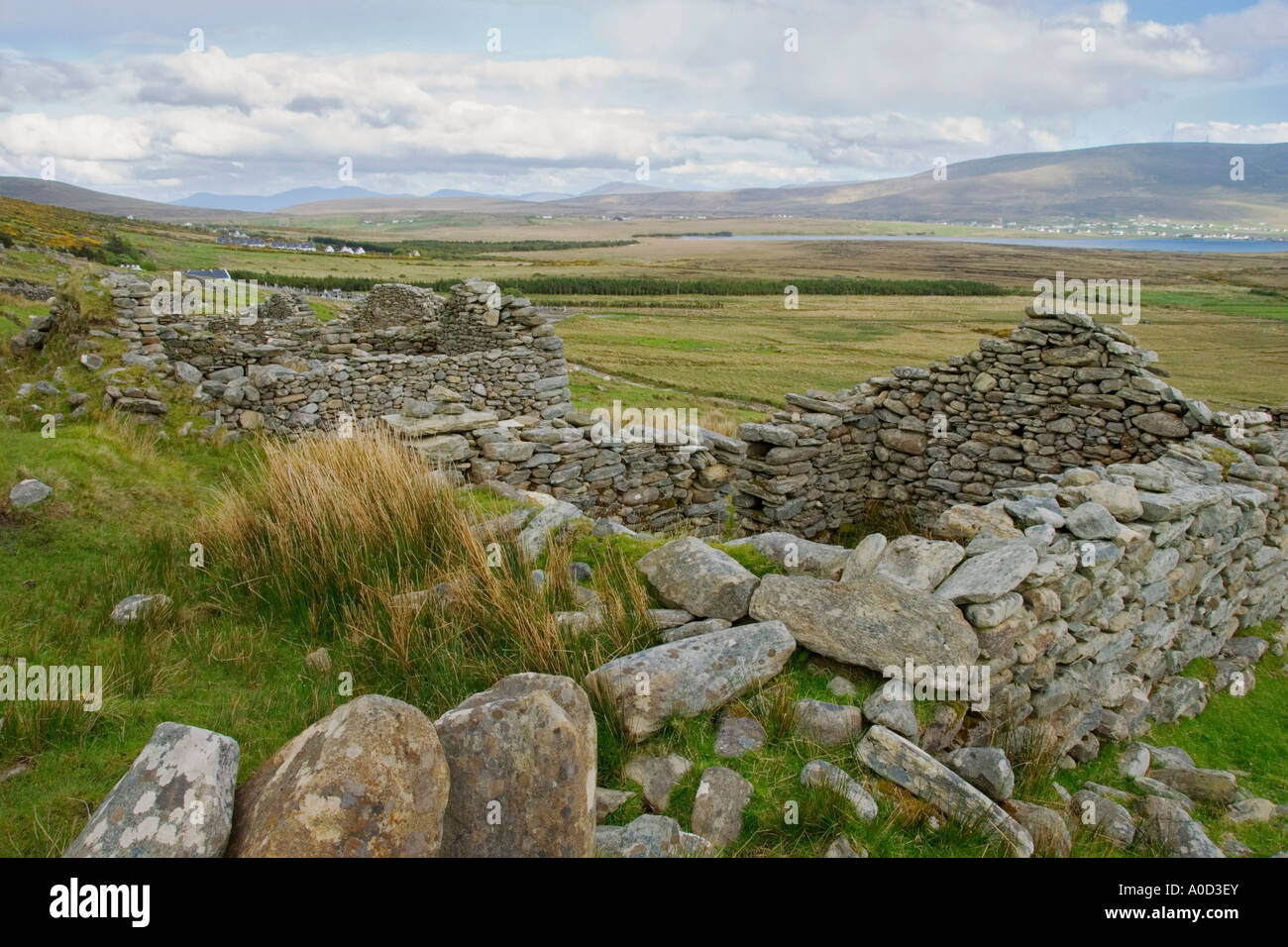 Ireland County Mayo Achill Island stone ruins of a deserted village ...