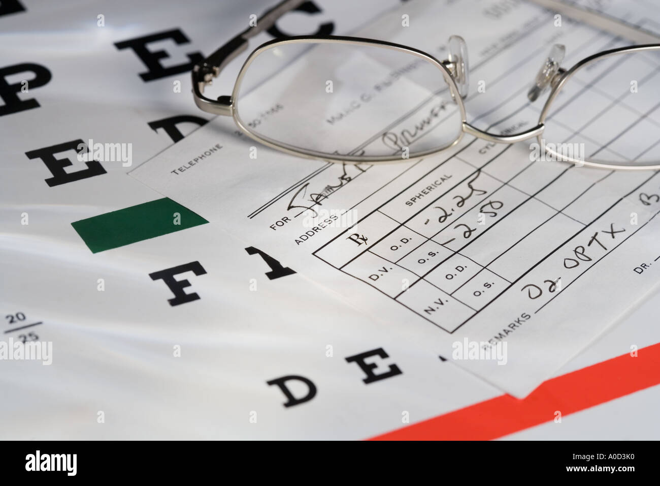 Still life of eye chart and glasses Stock Photo - Alamy