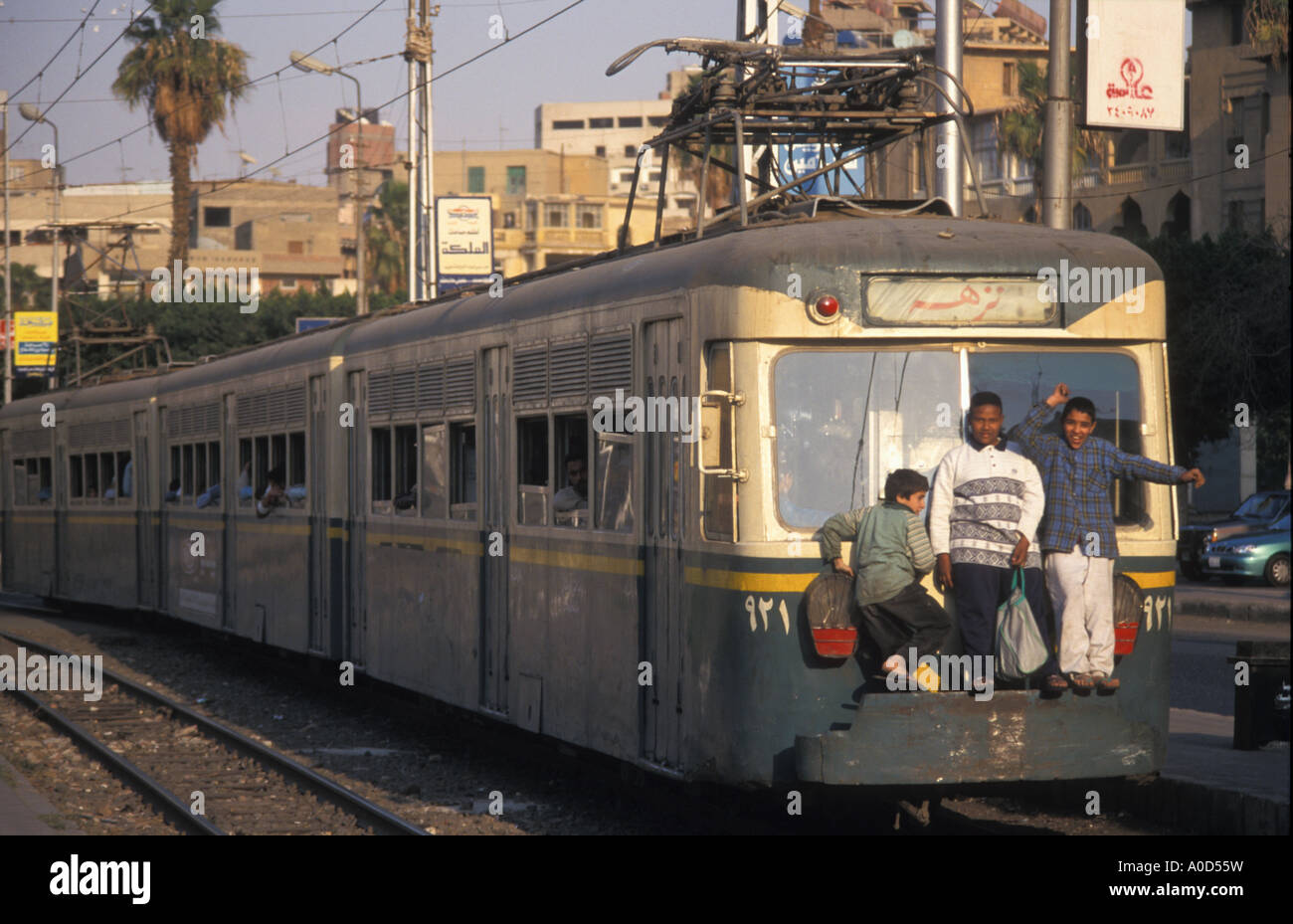 Children on back of Tram Cairo Egypt Stock Photo - Alamy