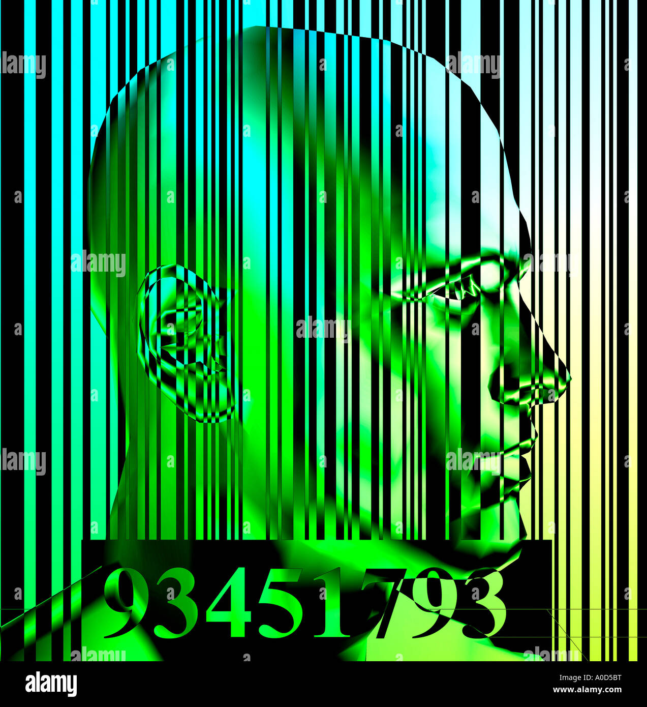 computer generated robot male head in 3D composited over bar code label ...