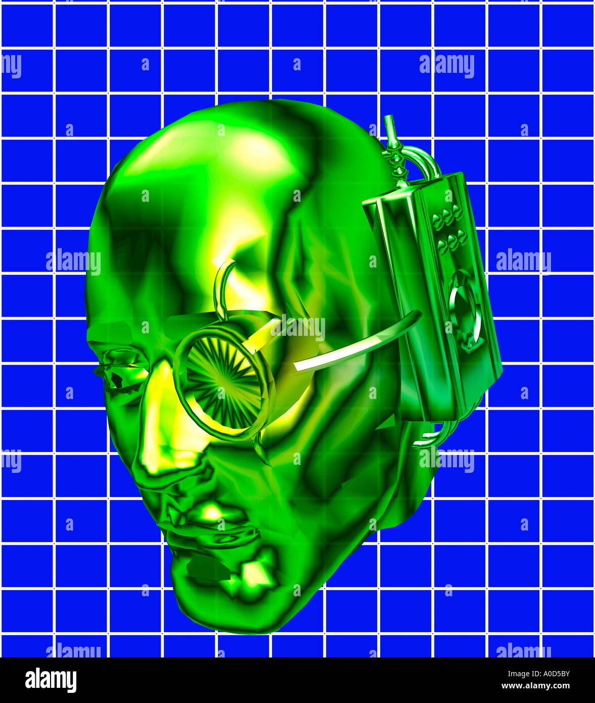 computer generated 3D robot face wearing bionic eyeglass with blue grid ...