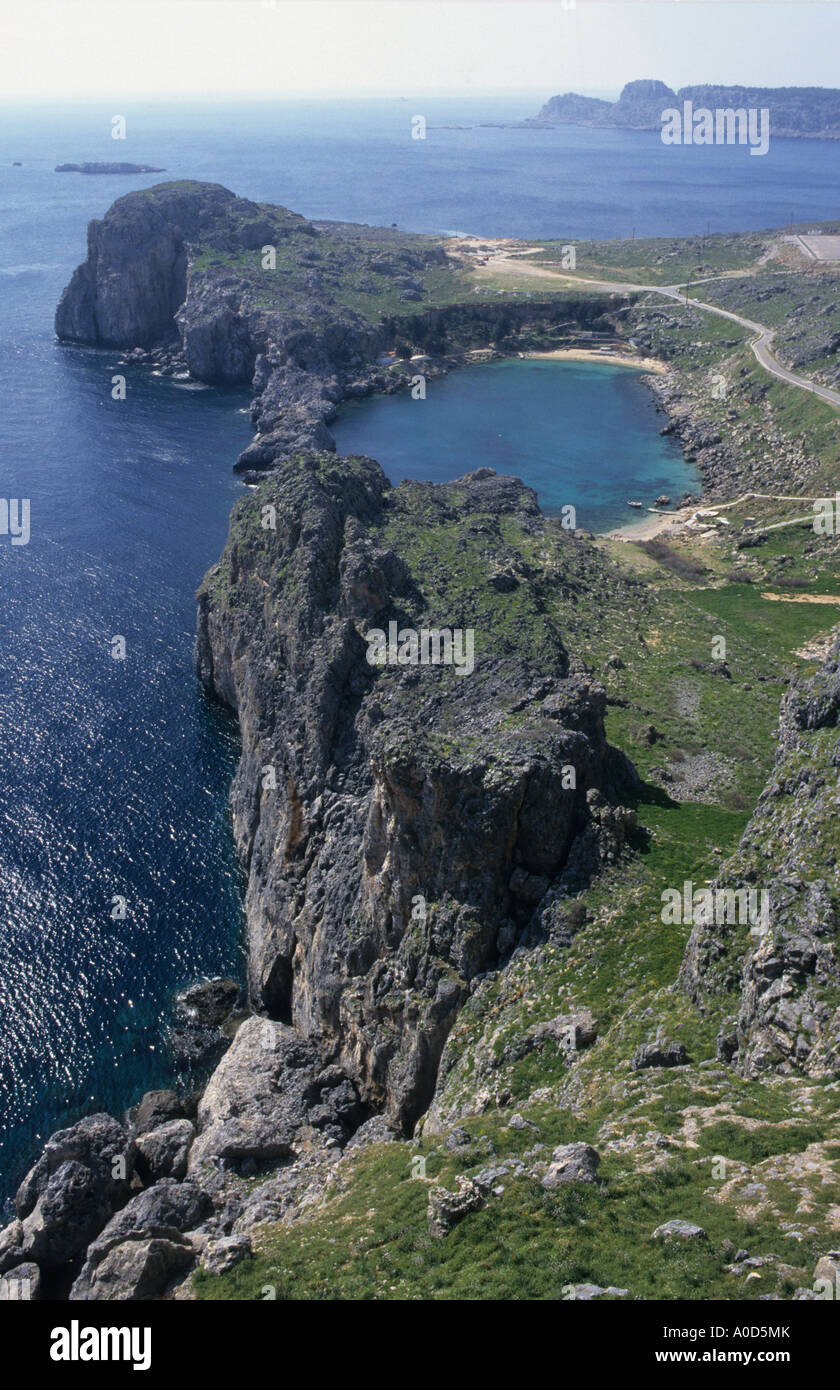 View from the Acropolis Crusader Fort to St. Pauls Bay Lindos Rhodes ...