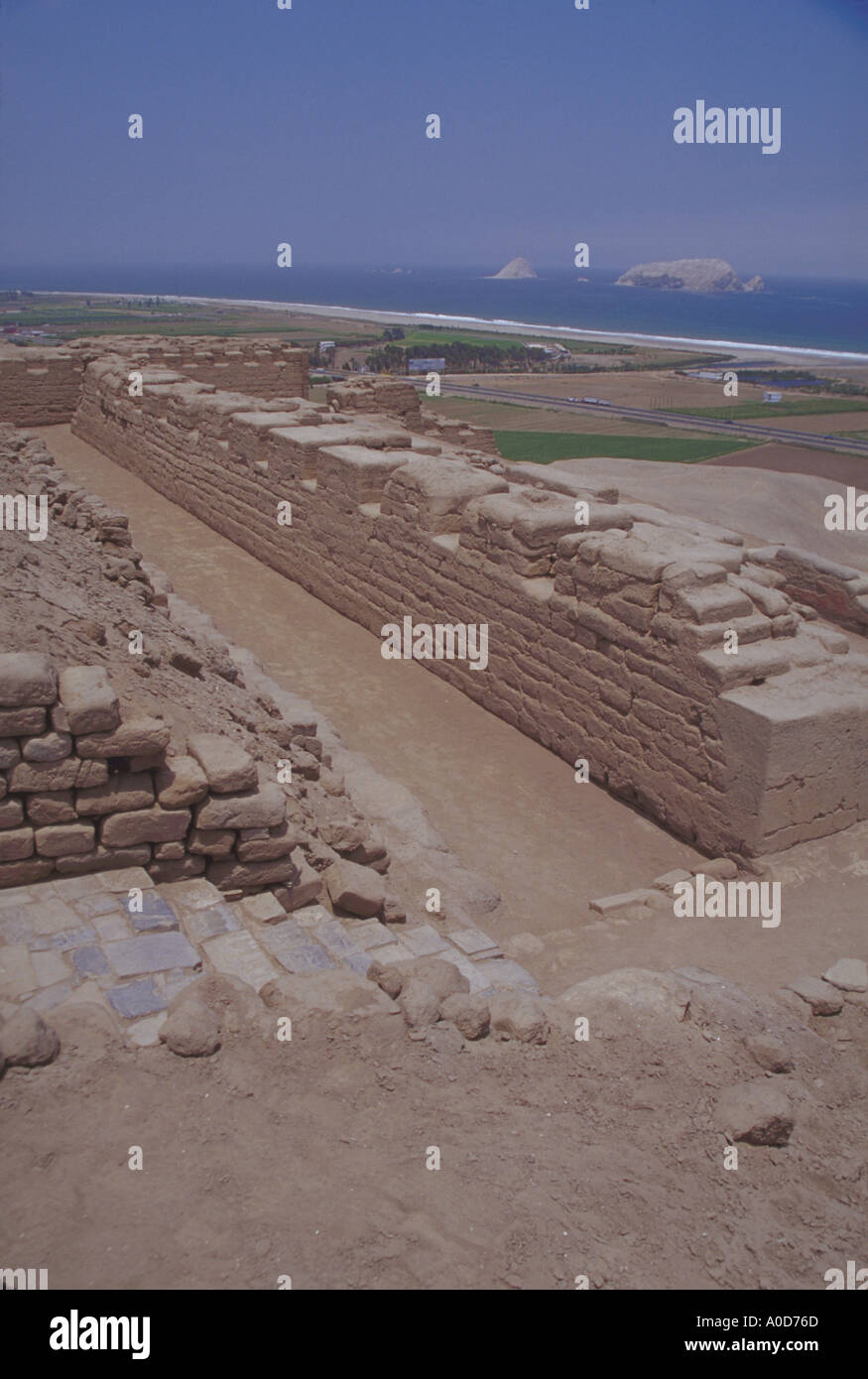 A view of the Pacific ocean from the top of a pyramid of the Inca Ruins ...