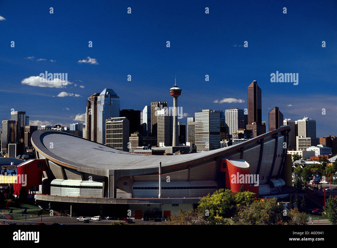 Canada, Alberta, Calgary, Saddledome stadium, city, skyline Stock Photo ...