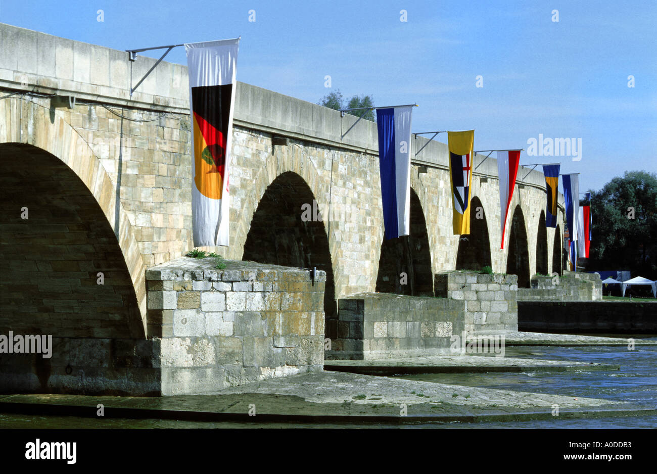 REGENSBURG riverside City OLD STONE BRIDGE Steinerne Brücke flag flaggs ...