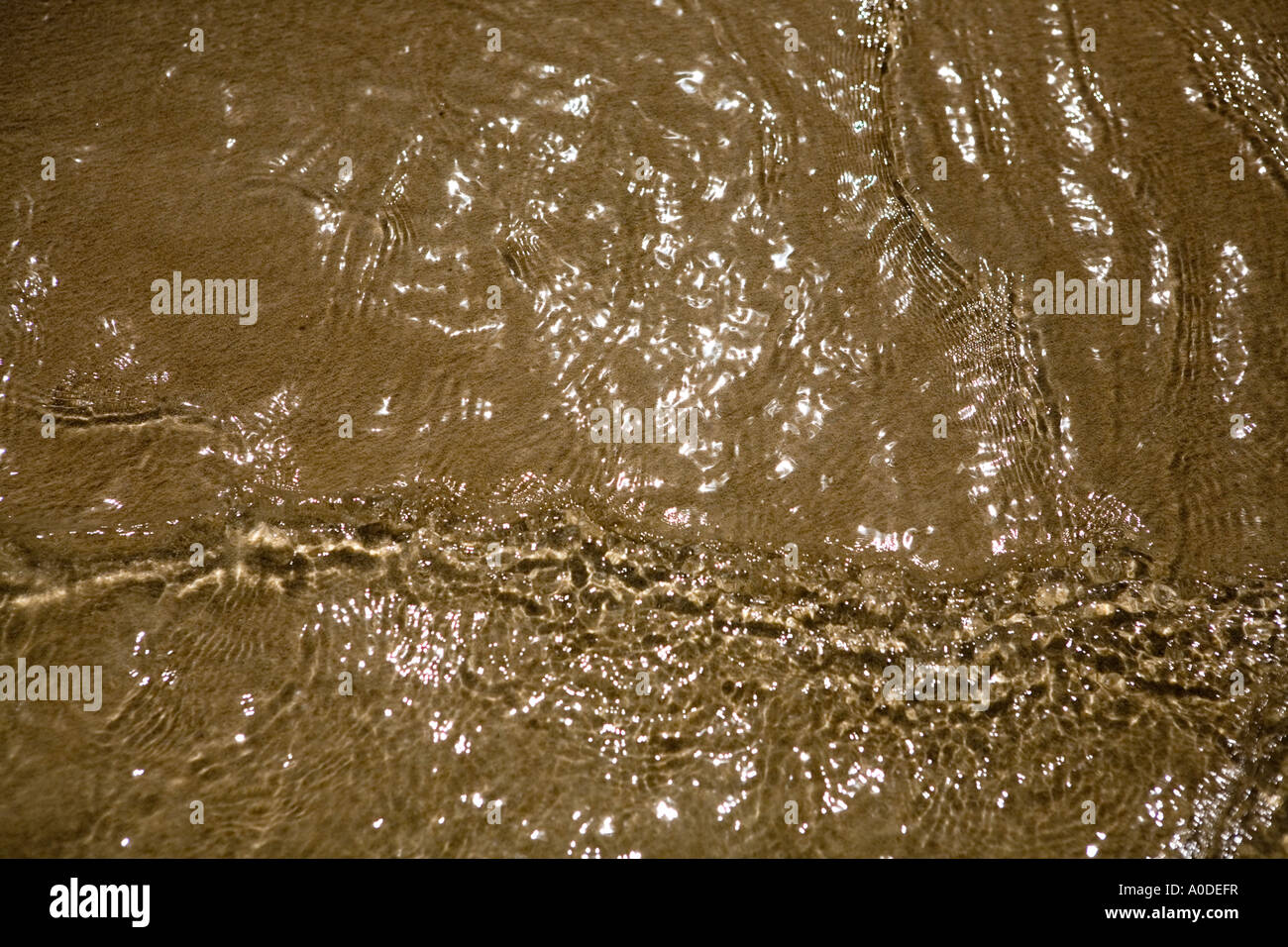 Shallow clear water running over mud catching bright light creating an ...