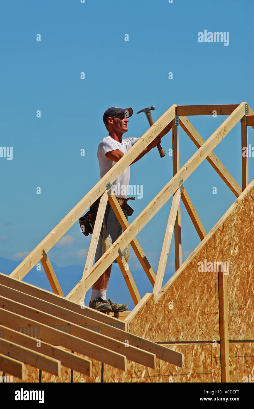 Carpenter placing a roof truss Stock Photo - Alamy