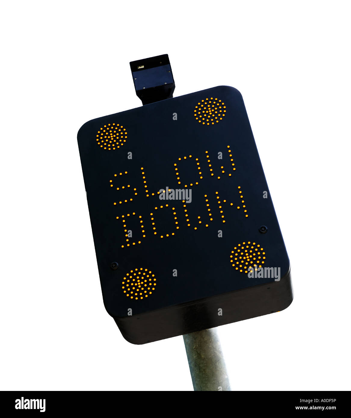 Flashing slow down speed warning sign Stock Photo - Alamy