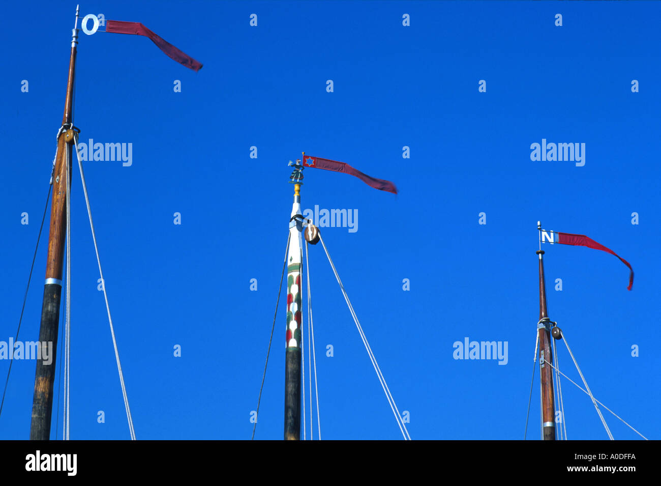 MASTS OF THREE NORFOLK WHERRIES, OLIVE, HATHOR AND NORADA, MOORED ...