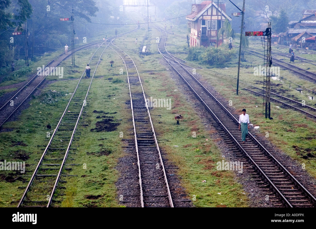 Stock photograph of the railway yards and signal building at Bago in ...