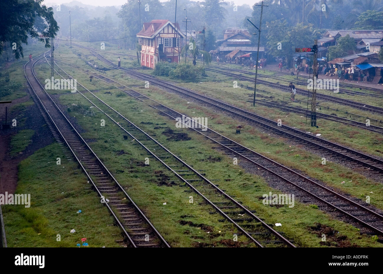 Stock photograph of the railway yards and tudor style signal building ...
