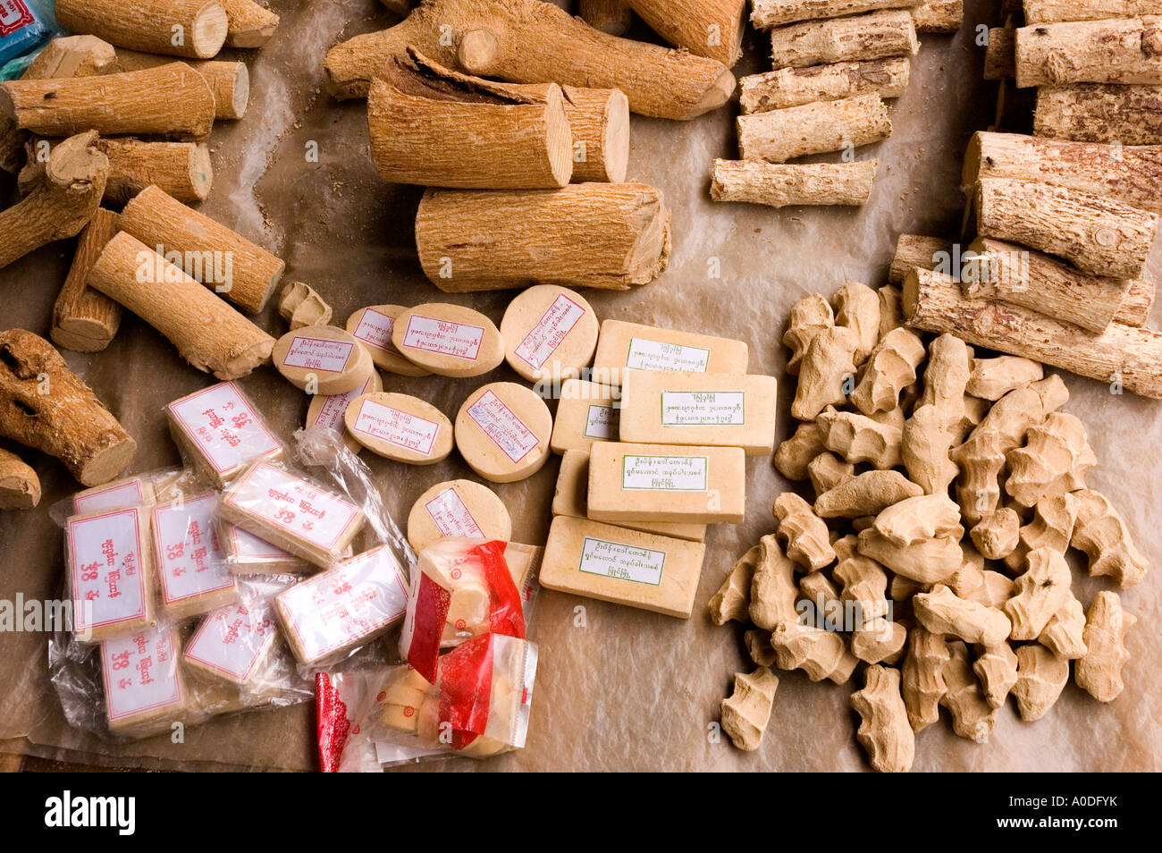 Stock photograph of a thanakha powder stall at Bago market in Myanmar ...
