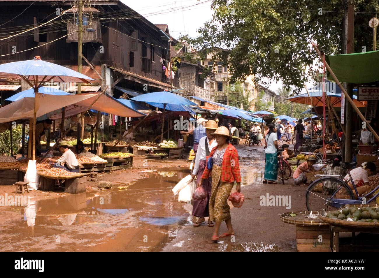 Stock photograph of a general view of the market on a wet day at Bago ...