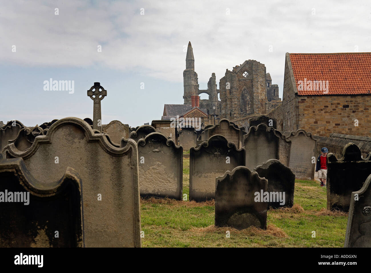 Weathered gravestones in the graveyard at Whitby Abbey, Yorkshire Stock ...