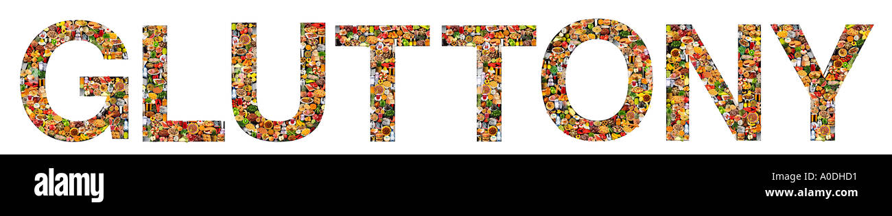 FOODFONT WORD ON WHITE,GLUTTONY Stock Photo - Alamy