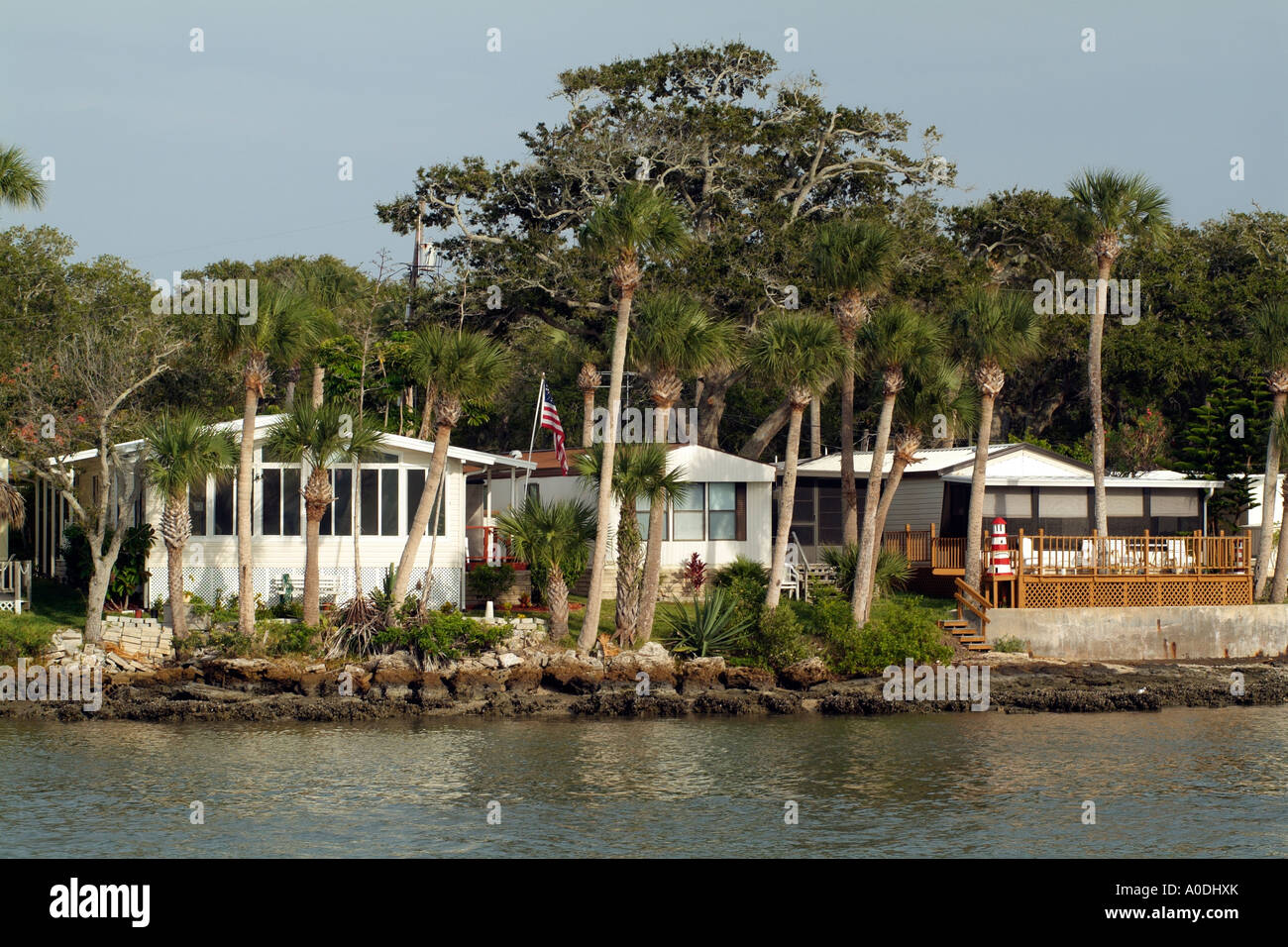 Single storey houses on the riverside. Indian Rocks resort Florida USA ...
