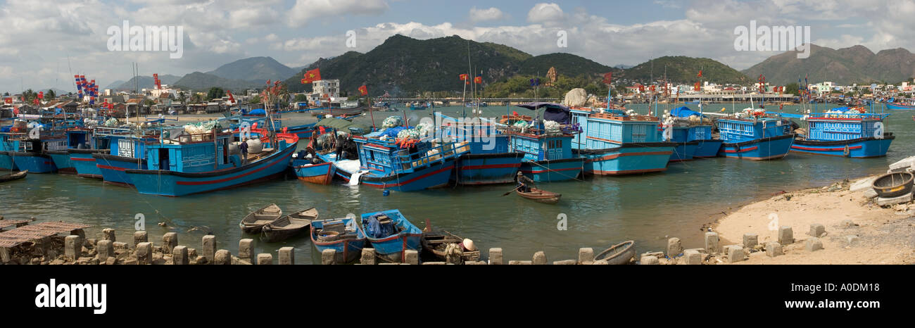 Vietnam Nha Trang city Cai River fishing harbour Xom Bong bridge and Po ...