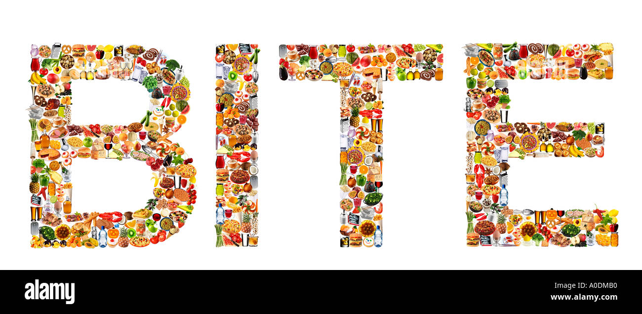 FOODFONT WORD ON WHITE BITE Stock Photo - Alamy