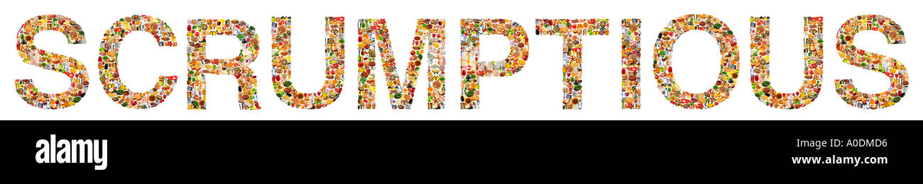 FOODFONT WORD ON WHITE SCRUMPTIOUS Stock Photo - Alamy
