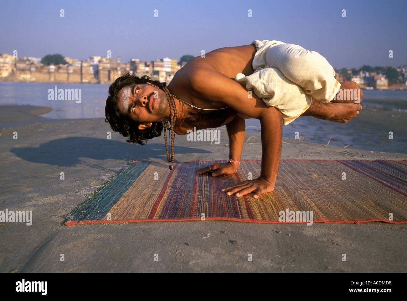 Yoga practice by Yogi Priest Swami Shiva Nand Jee Ganges River Varanasi ...