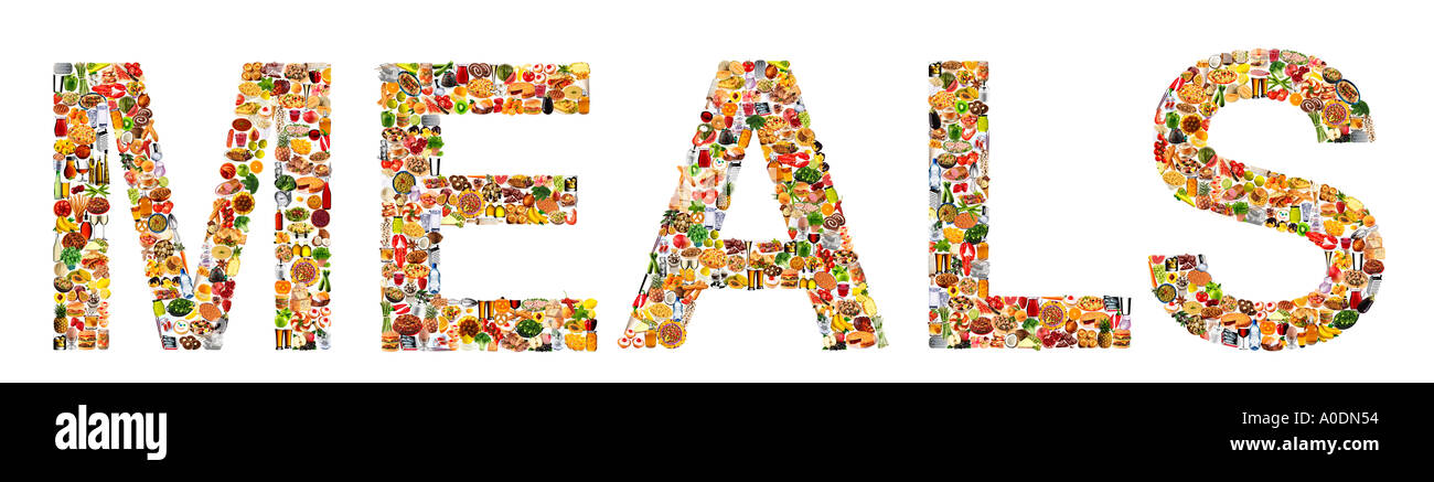 FOODFONT WORD ON WHITE MEALS Stock Photo - Alamy