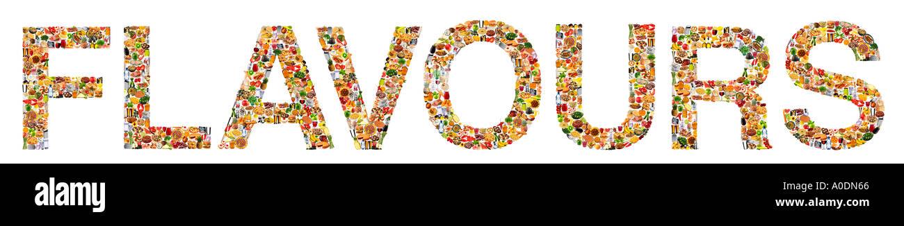 FOODFONT WORD ON WHITE FLAVOURS Stock Photo - Alamy