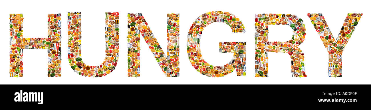 FOODFONT WORD ON WHITE HUNGRY Stock Photo - Alamy