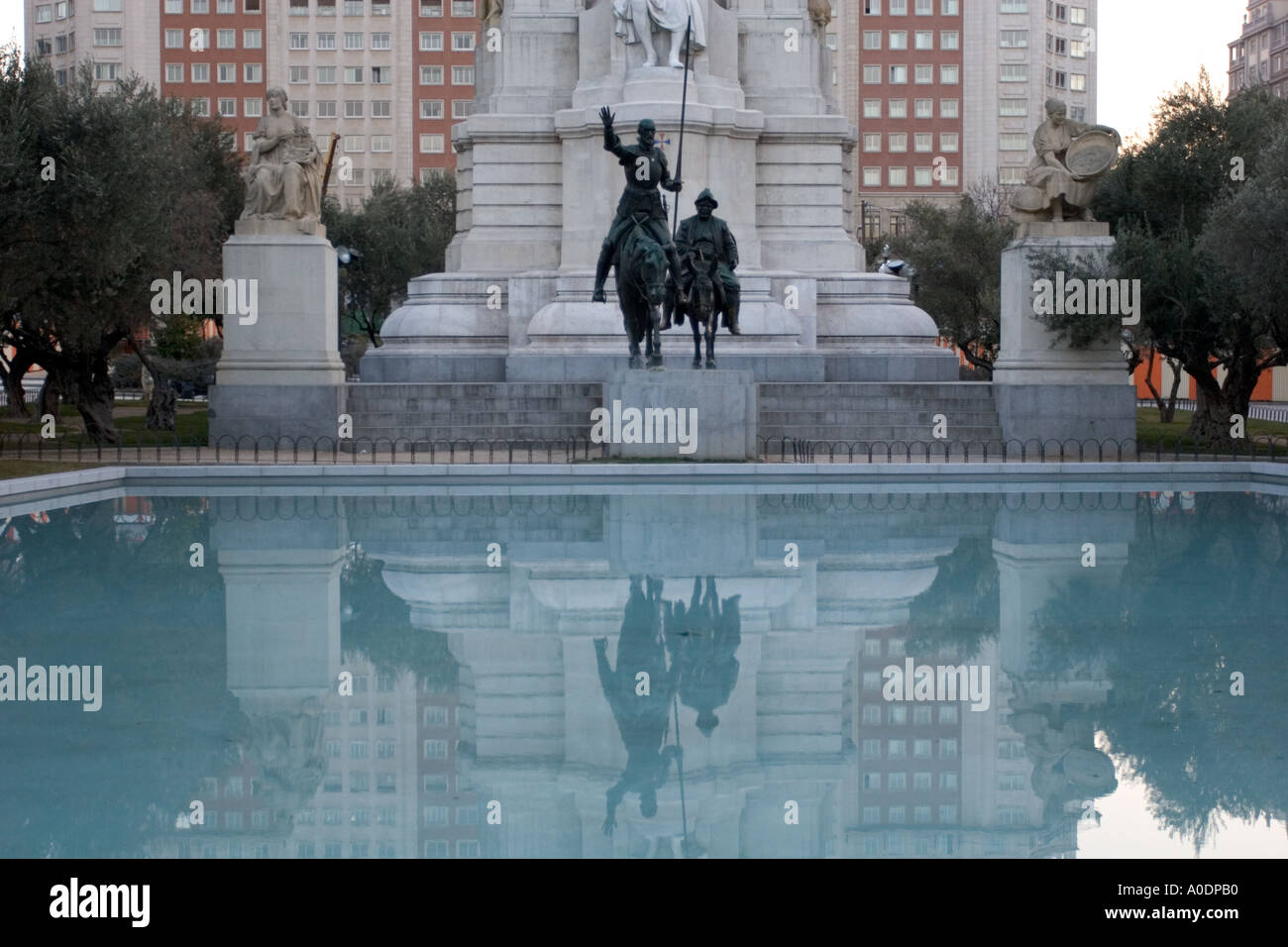 Monument on Plaza de Espana in Madrid with statues reflecting in the ...