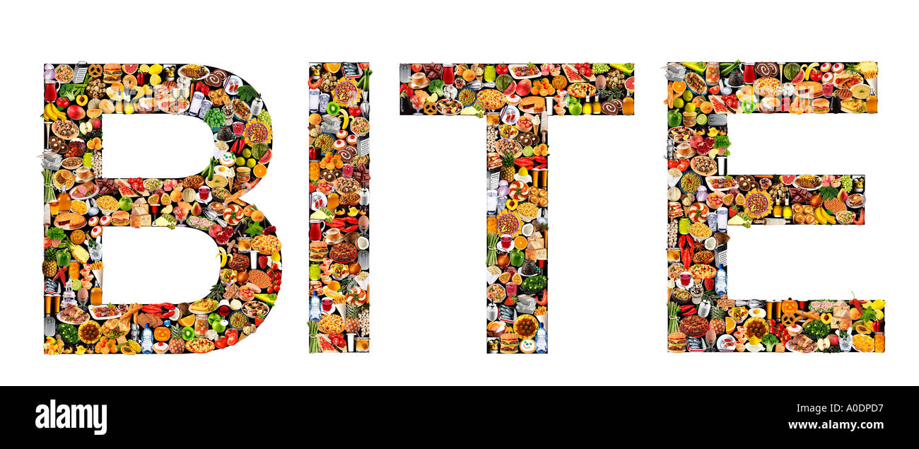 FOODFONT WORD ON BLACK AND WHITE BITE Stock Photo - Alamy
