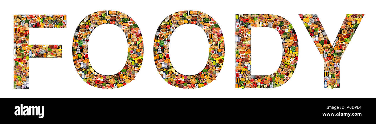 FOODFONT WORD ON BLACK AND WHITE FOODY Stock Photo - Alamy