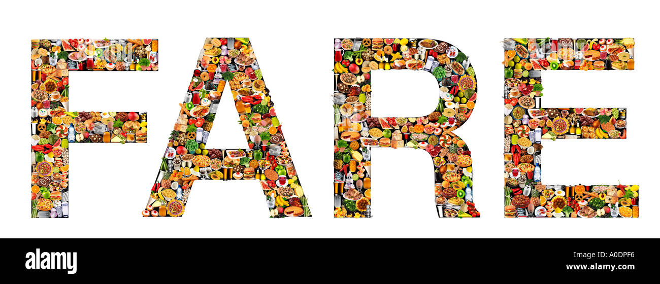 FOODFONT WORD ON BLACK AND WHITE - FARE Stock Photo - Alamy