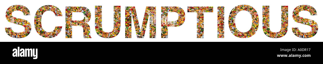 FOODFONT WORD ON BLACK AND WHITE SCRUMPTIOUS Stock Photo - Alamy