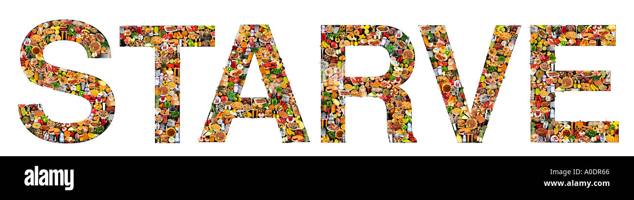 FOODFONT WORD ON BLACK AND WHITE STARVE Stock Photo - Alamy