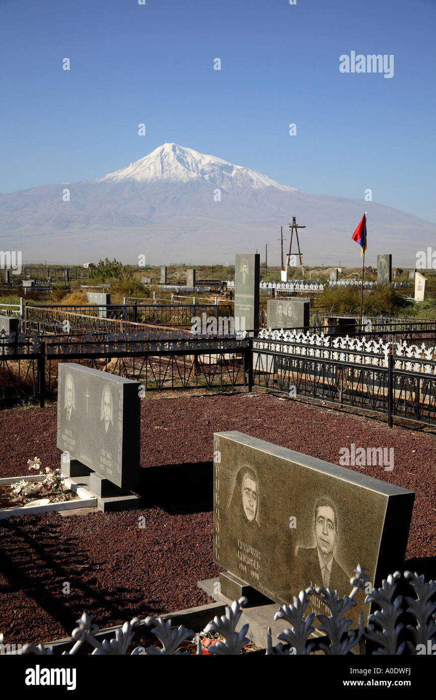 Armenian graveyard near Turkish border with Mount Ararat in the ...