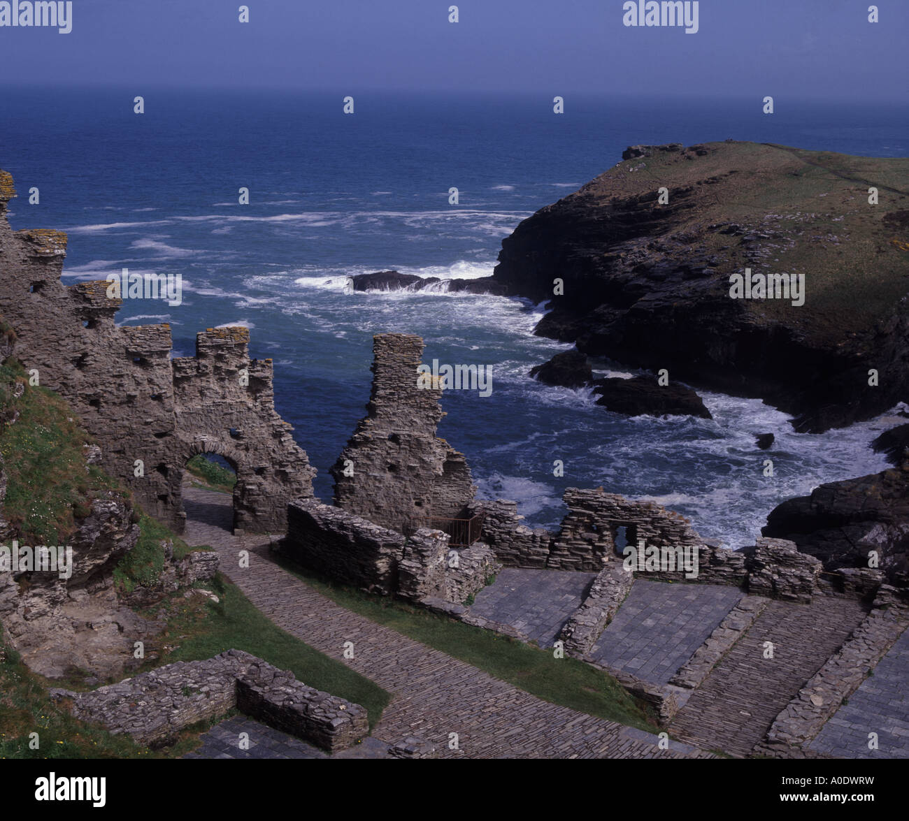 Tintagel Castle a medieval ruin on summers day in Cornwall on the north ...