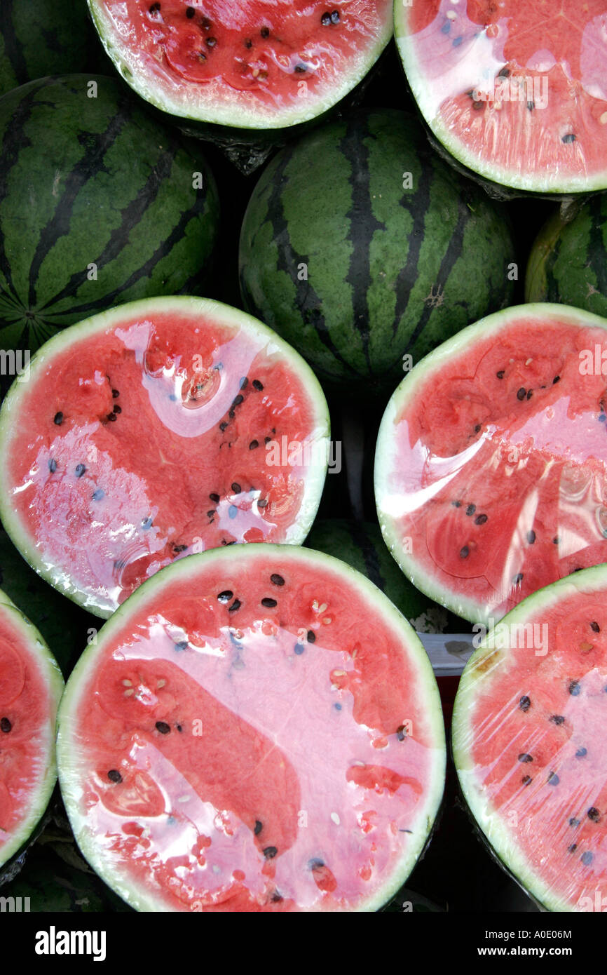 Plastic wrapped watermelons in a Beijing store Stock Photo - Alamy