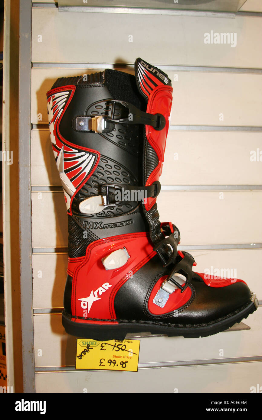 Modern high tech bike riders boot on display at motorcycle show for ...