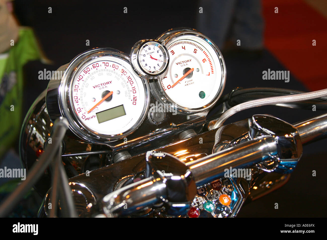 Detail view of instruments on a Victory USA motorcycle at the bike show ...