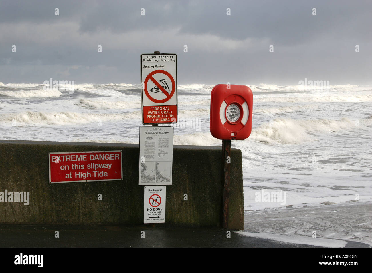 Safety and prohibition notices on the seafront at Sandsend near Whitby ...