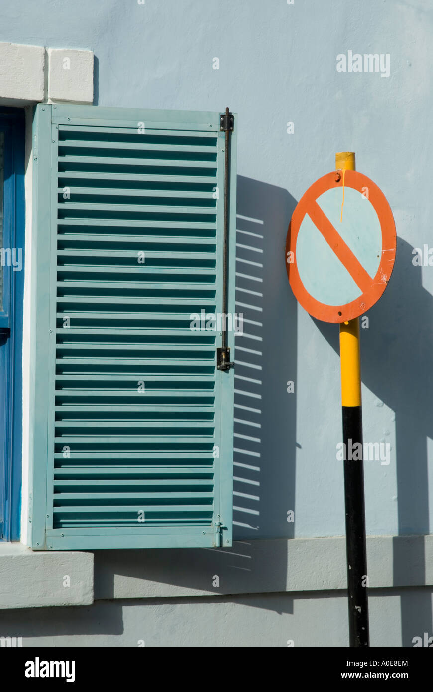 No-entry sign and window with shutters Bridgetown, Barbados Stock Photo ...