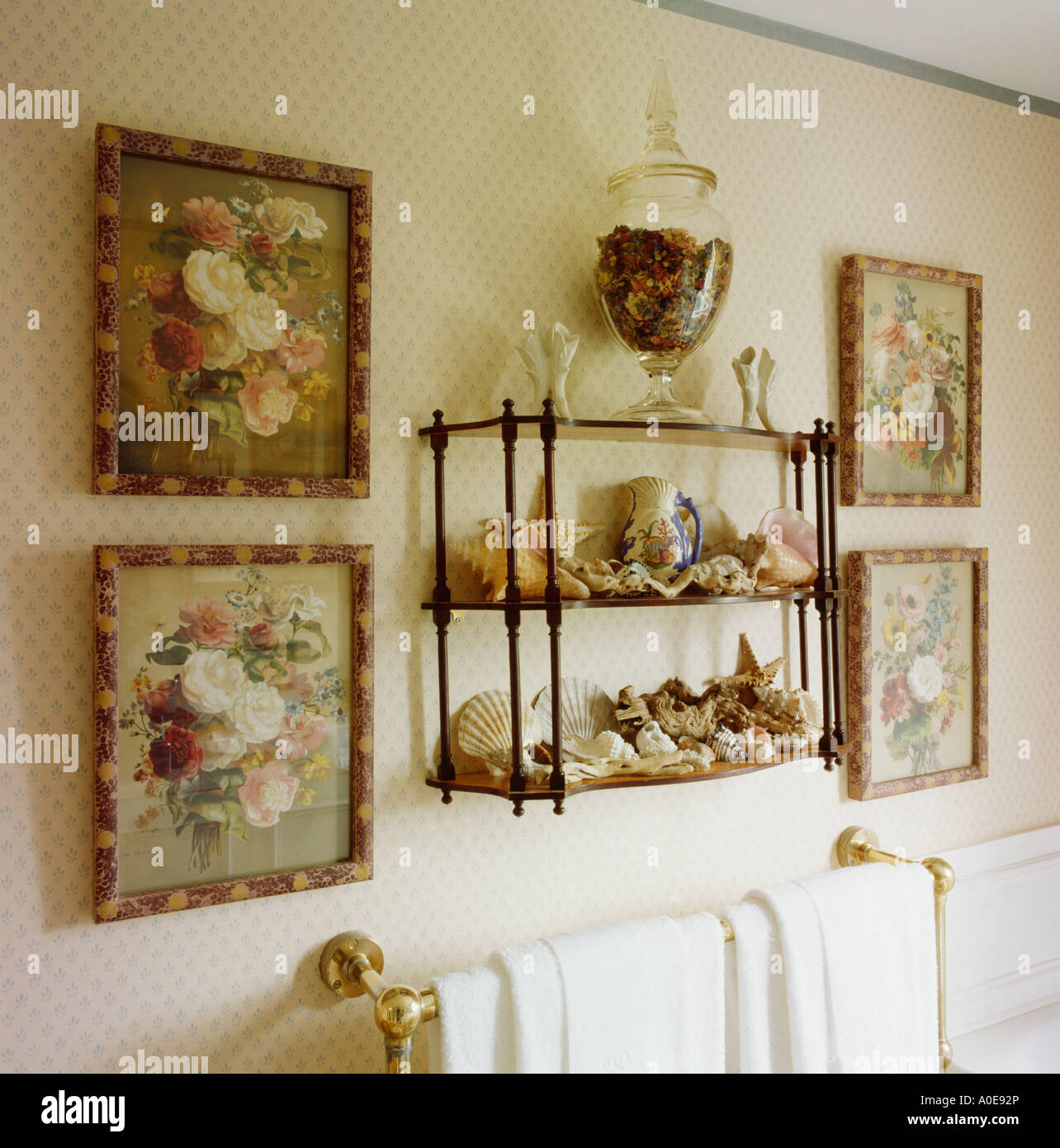 Shell collection on antique shelves between floral pictures Stock Photo ...