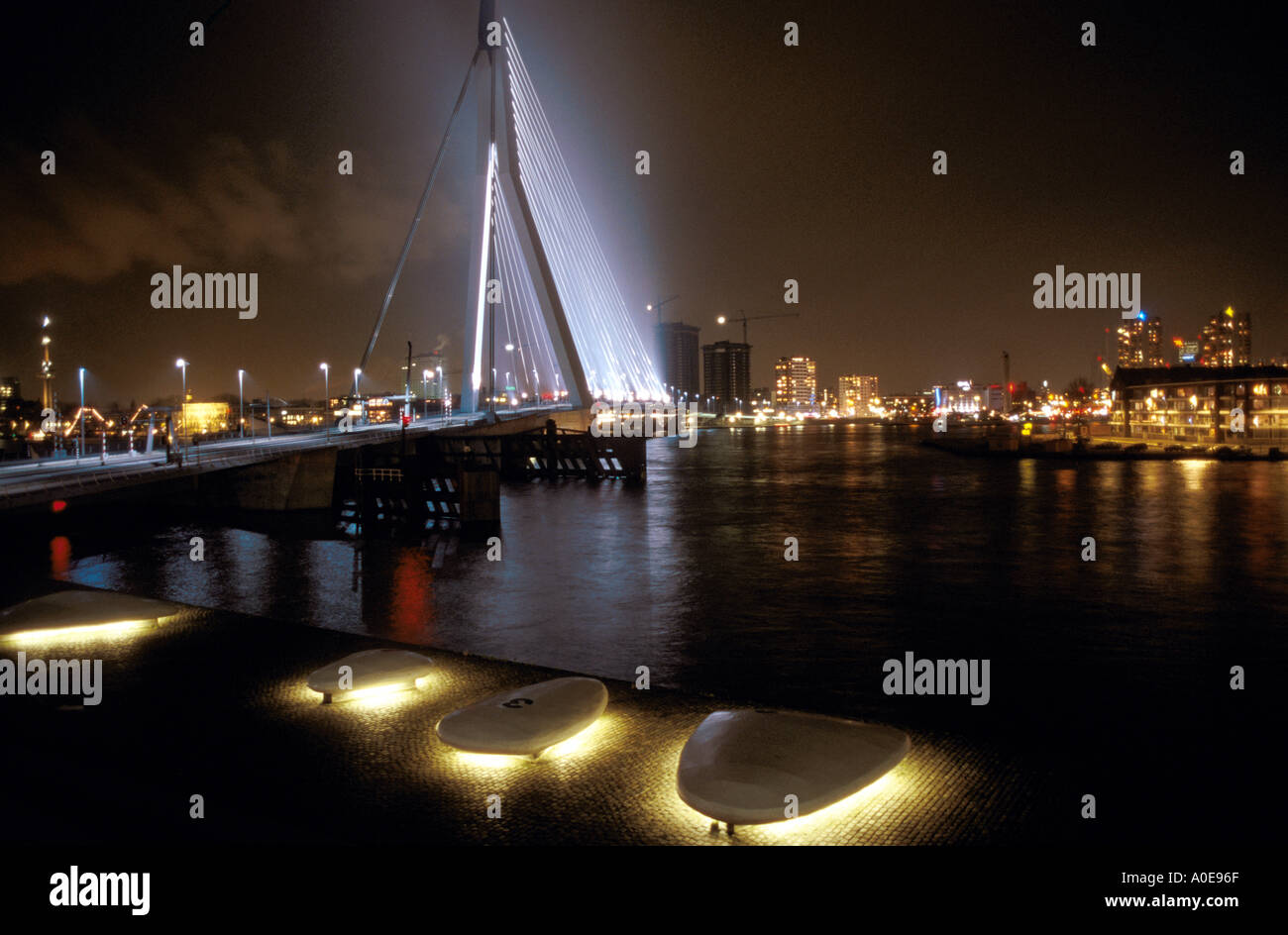 Erasmusbridge at night in the harbour of Rotterdam in Holland Stock ...